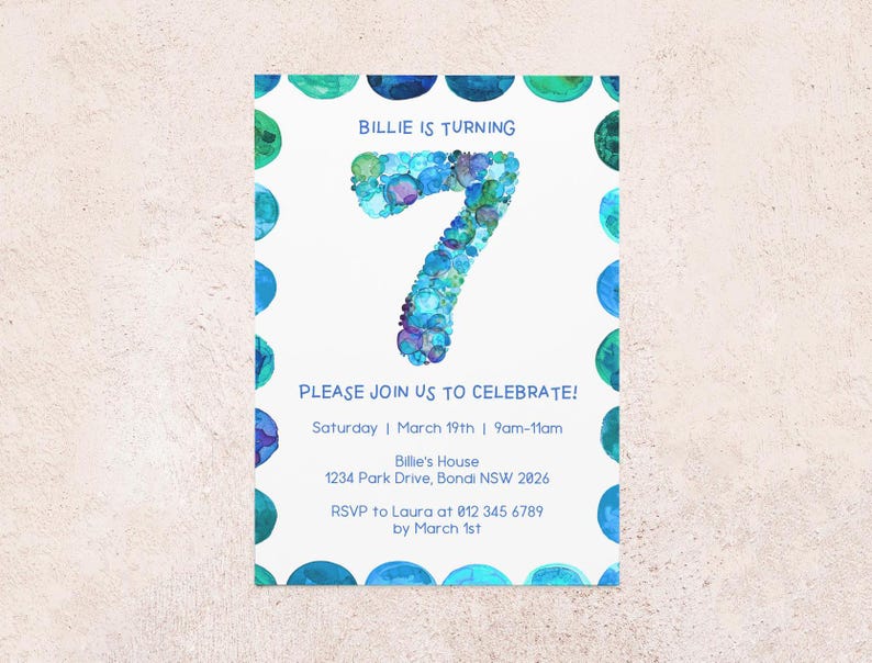 Editable 7th Birthday Invitation | Instant Digital Download | Blue Dot ...