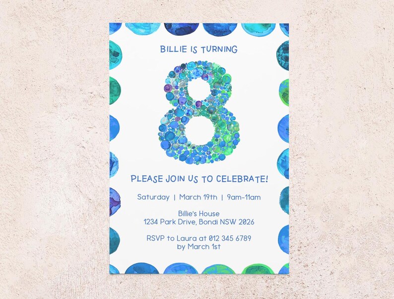 Editable 8th Birthday Invitation | Instant Digital Download | Blue ...