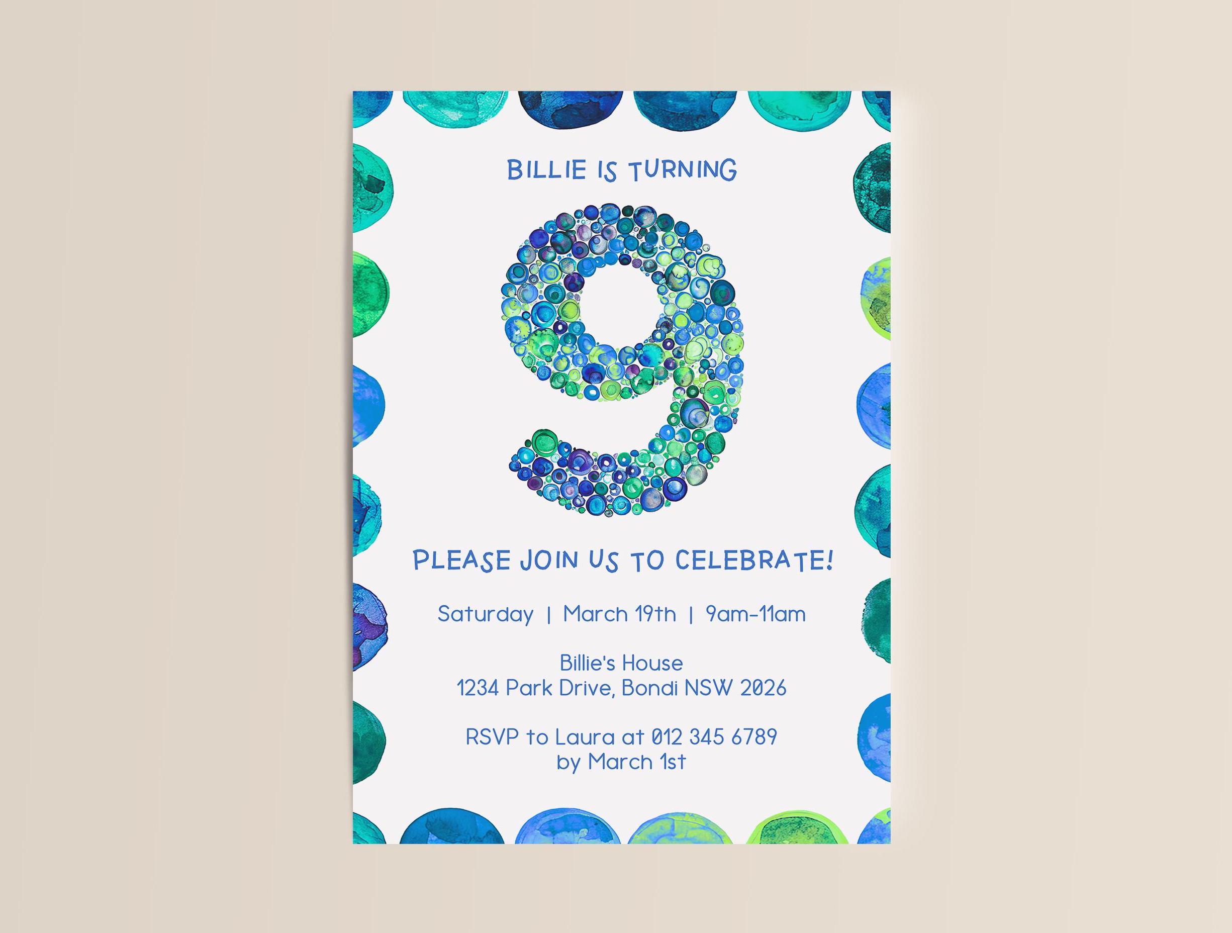 Editable 9th Birthday Invitation | Instant Digital Download | Blue ...