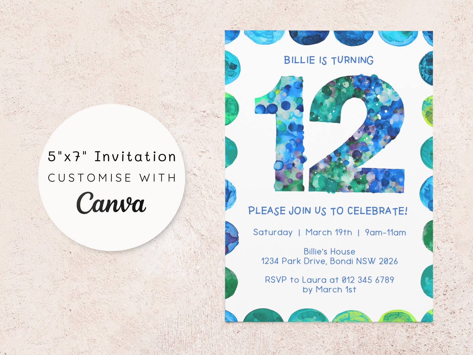 Editable 12th Birthday Invitation | Instant Digital Download | Blue ...