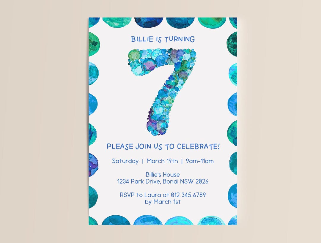Editable 7th Birthday Invitation | Instant Digital Download | Blue Dot ...