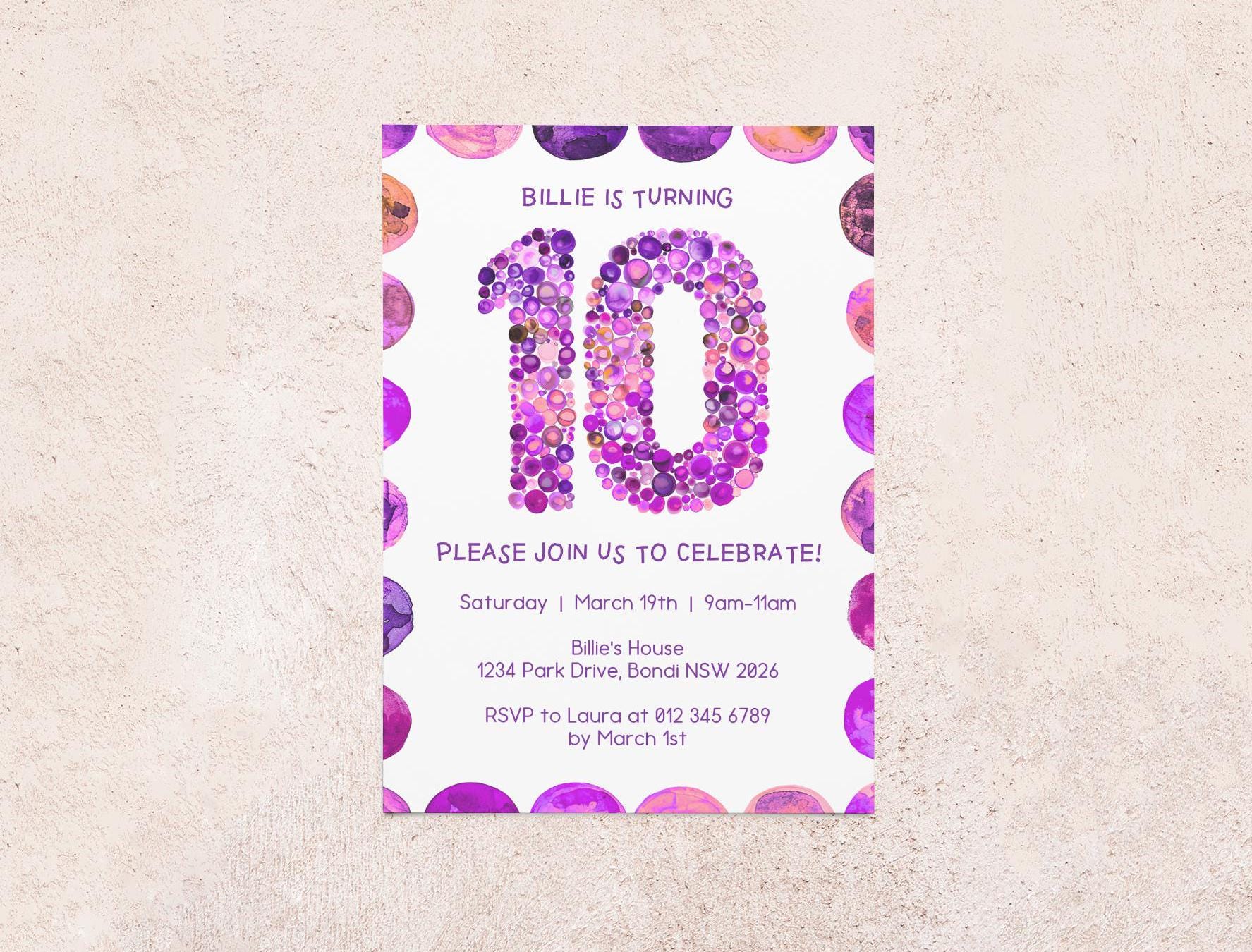 Editable 10th Birthday Invitation | Instant Digital Download | Purple ...