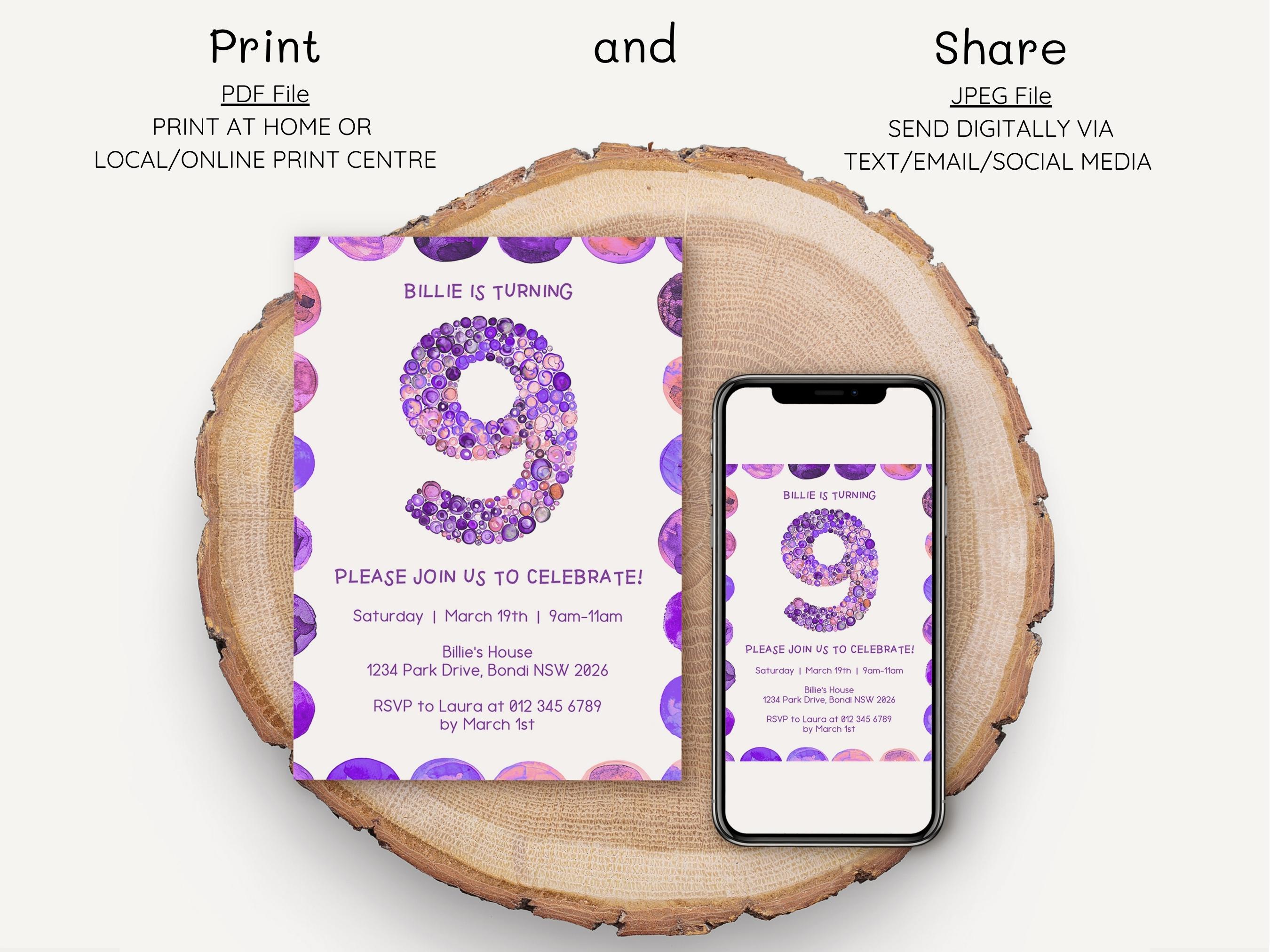 Editable 9th Birthday Invitation | Instant Digital Download | Purple ...