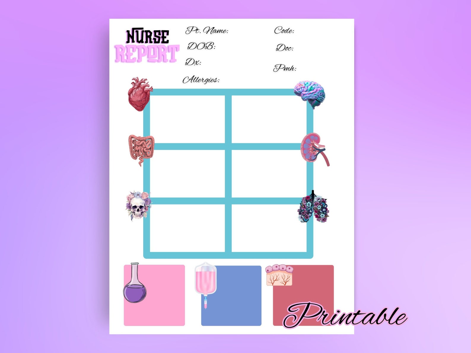 Printable Nurse Report Sheet Nurse Brain Sheet Skilled Nursing Tool ...