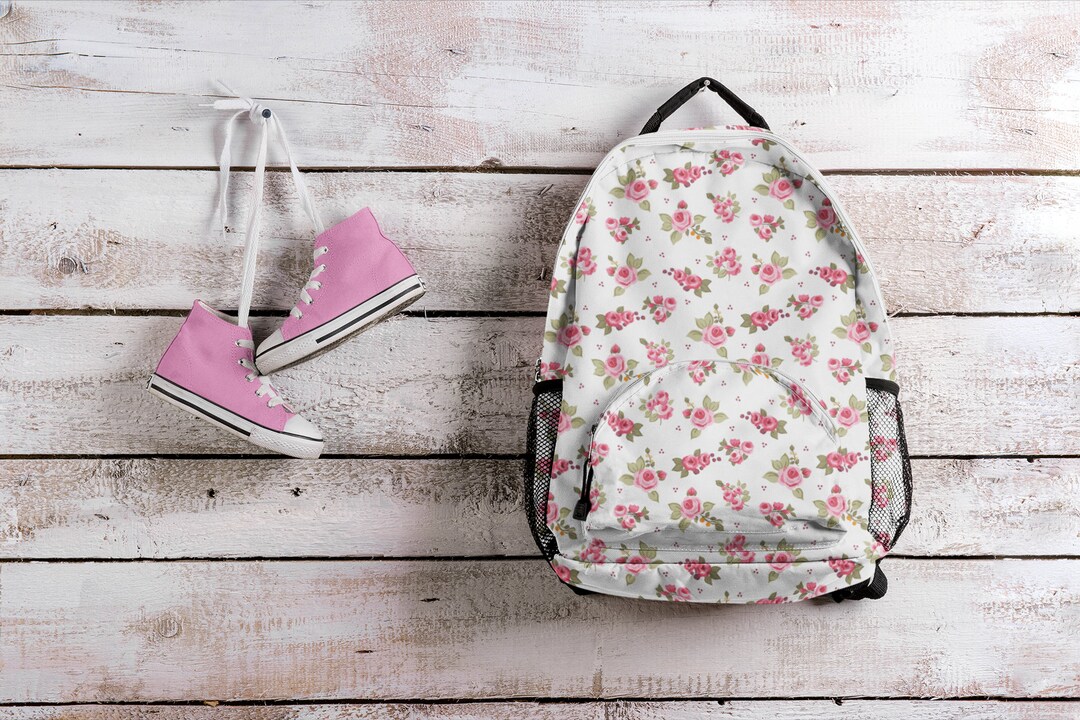 Coquette Sweet Pink Roses Backpack, School Book Bag, White, Blue, Pink ...