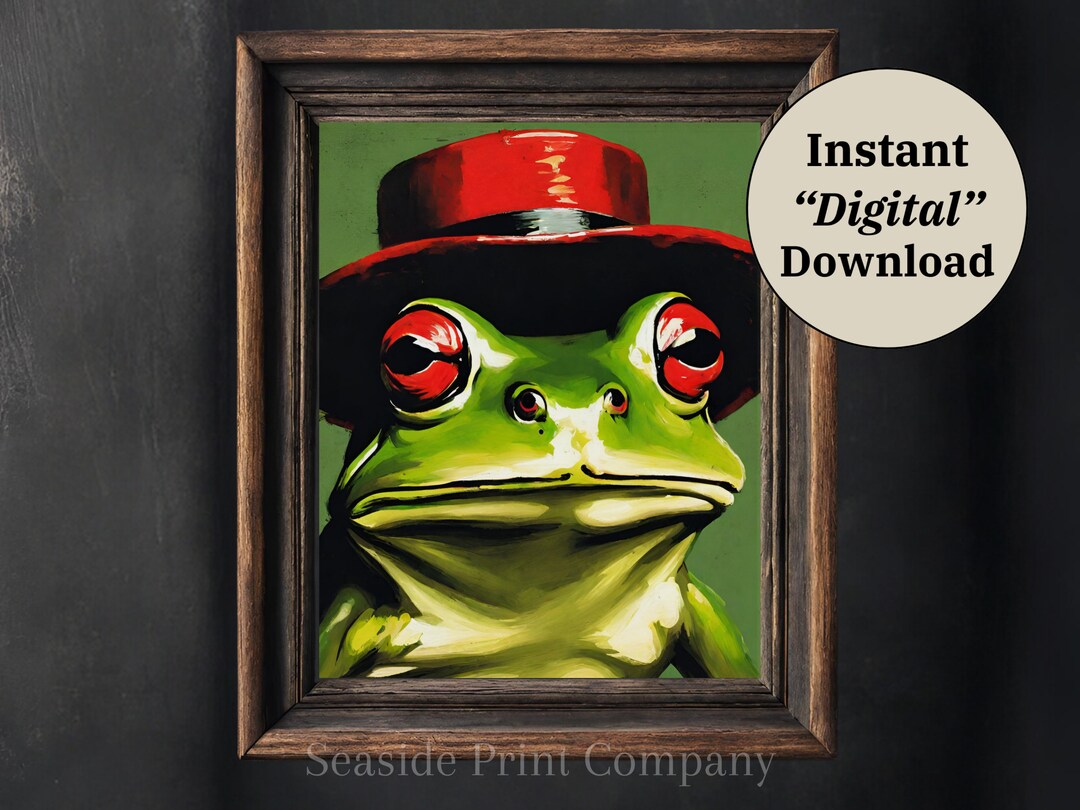 Vintage Painting of Frog in Red Hat Digital Printable Wall Art Wildlife ...