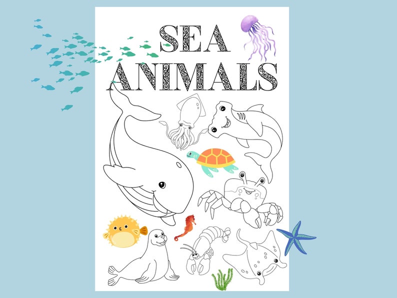 SEA ANIMALS Coloring Pages for Kids, 20 Pcs Simple Coloring Page, Ocean ...