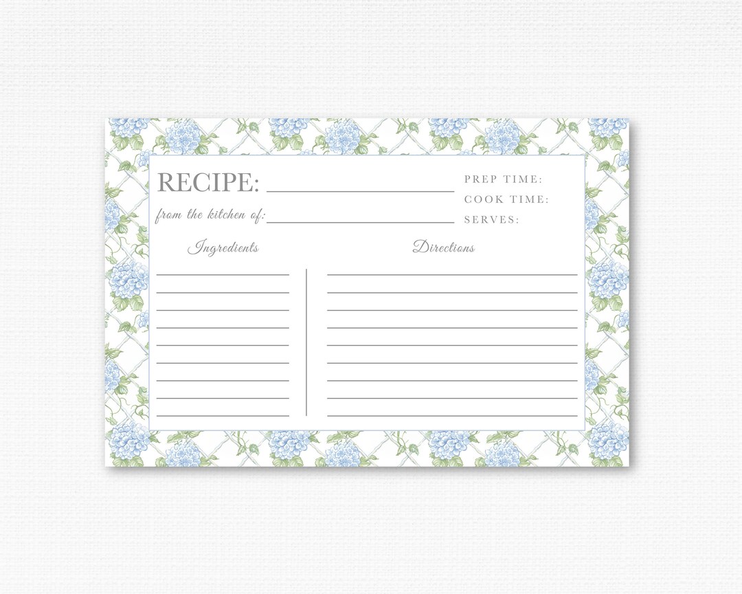Blue Hydrangea Recipe Cards, Blue & White Floral - Ideal for Recipe ...