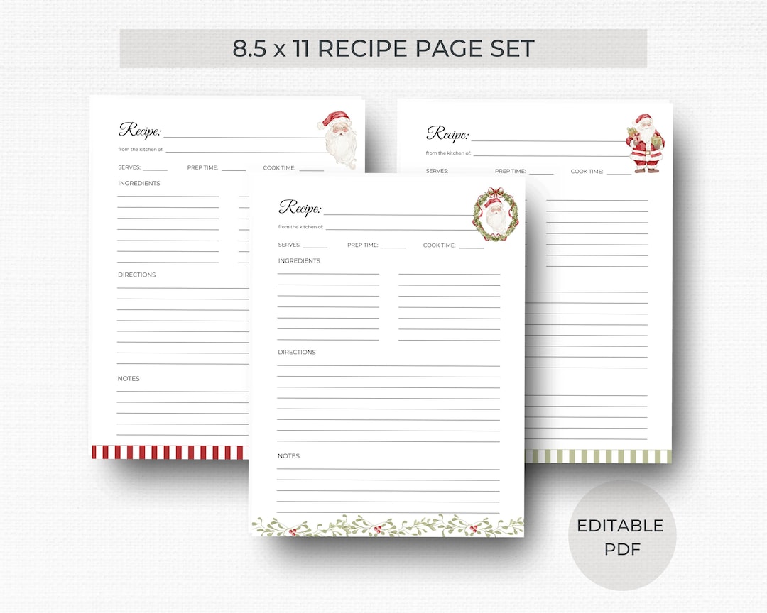 Editable Christmas Recipe Pages Fillable & Printable Holiday Santa PDF ...
