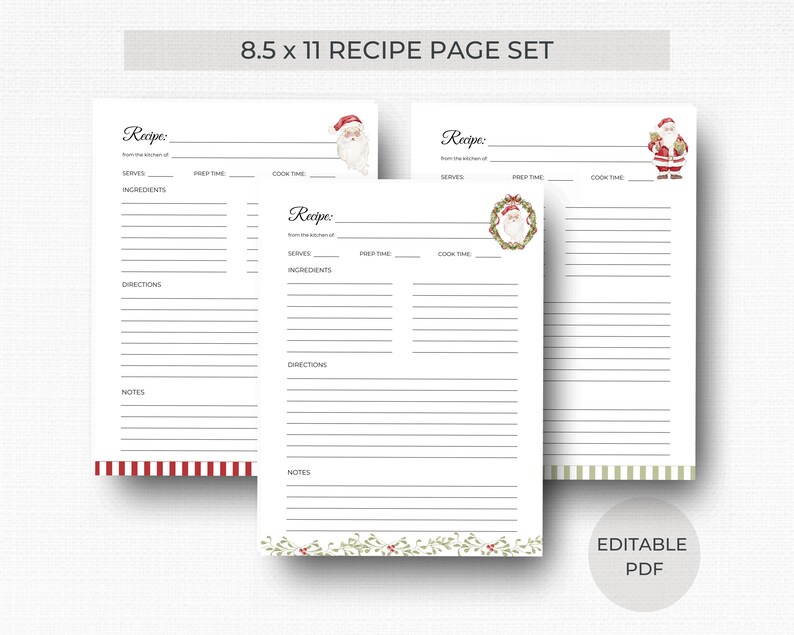 Christmas Recipe Binder Pages - Editable & Printable Santa PDF Template ...