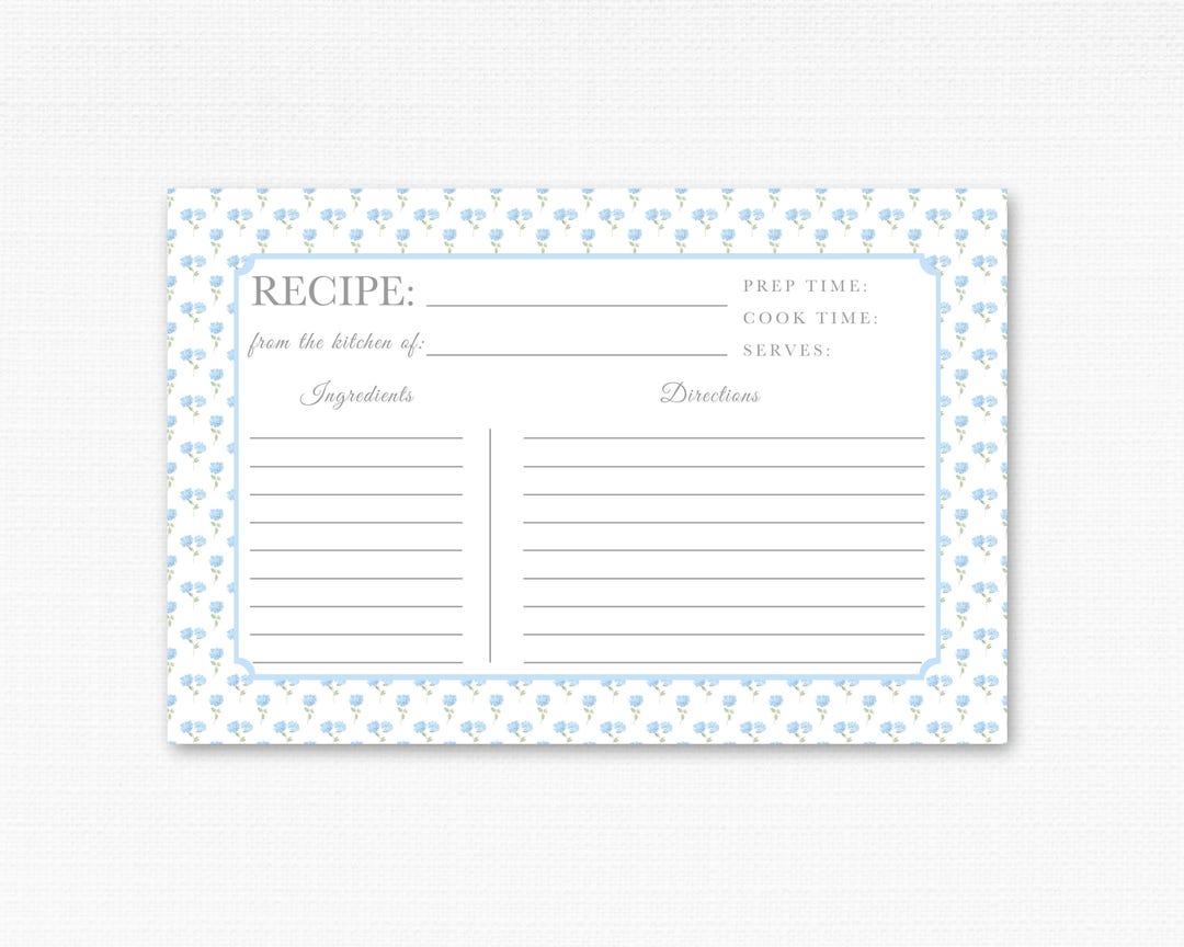 Blue Hydrangea Recipe Cards - Ideal for Recipe Boxes, Binders, or for ...