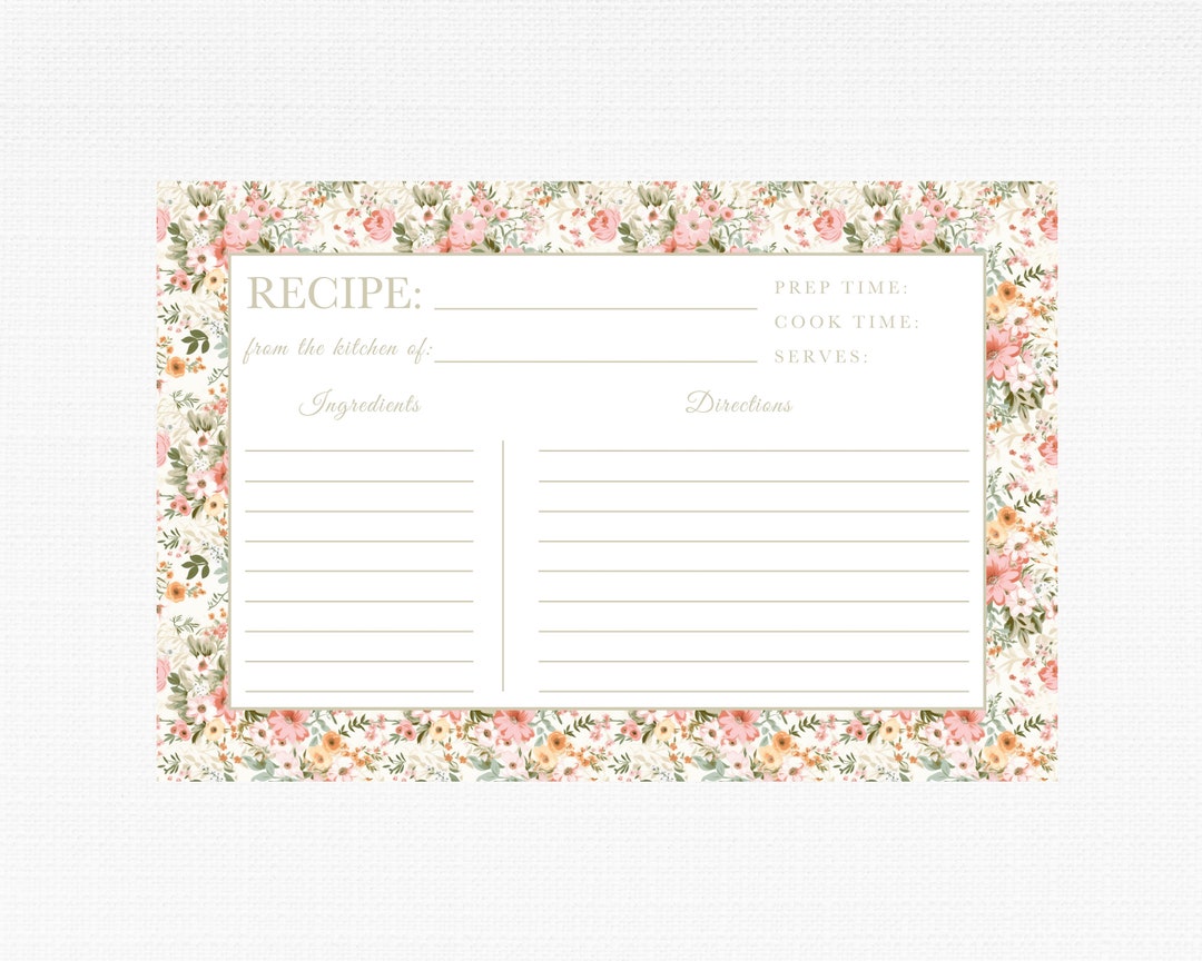 Floral Recipe Cards - Vintaged-inspired Flower Design, Ideal for Recipe ...