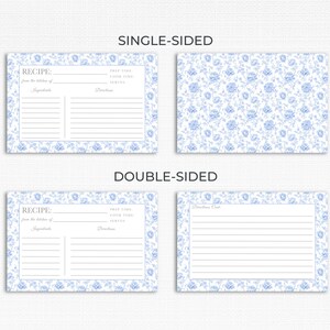 Blue Floral Recipe Cards - Watercolor Blue & White Flowers, Ideal for ...