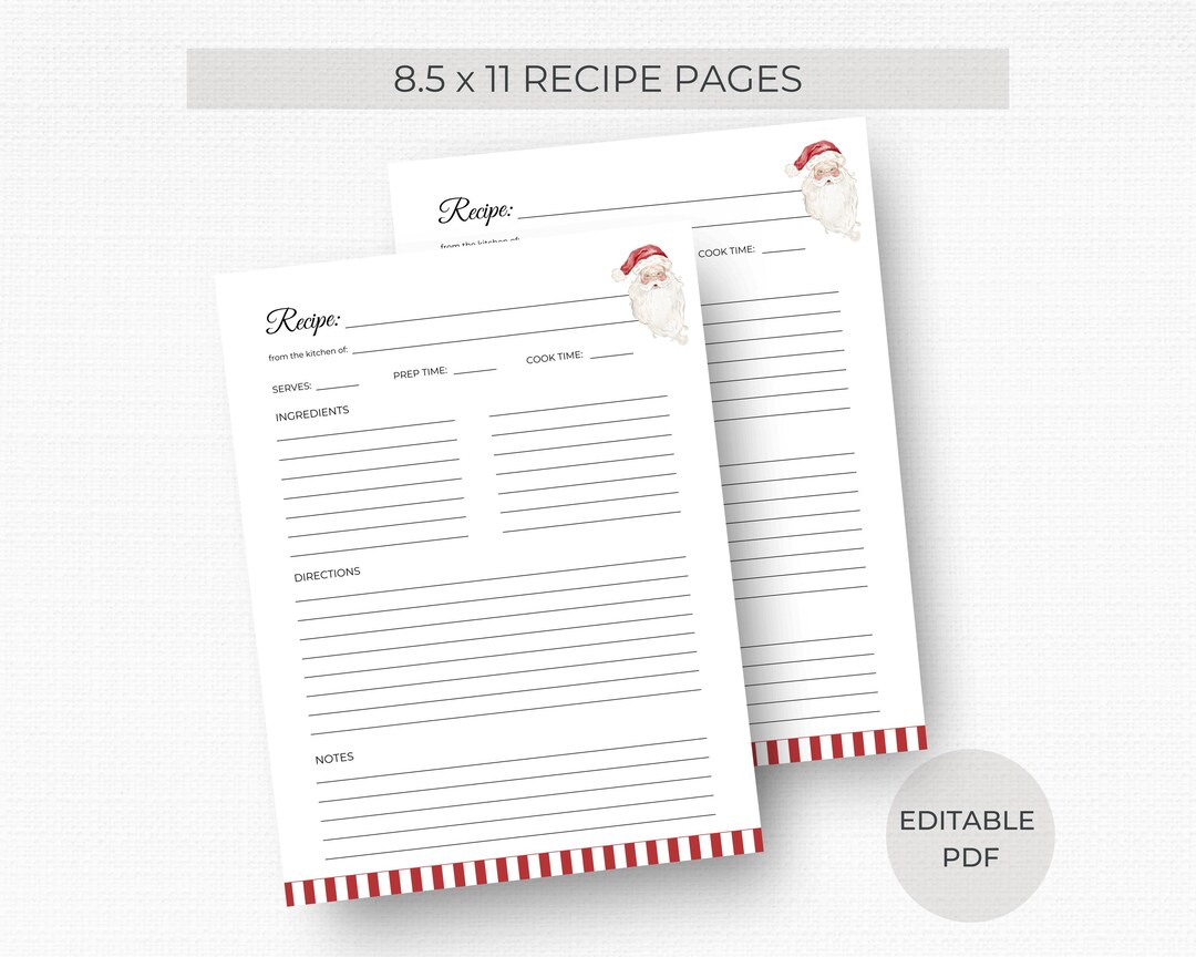 Editable Santa Recipe Pages Fillable & Printable Christmas Holiday PDF ...