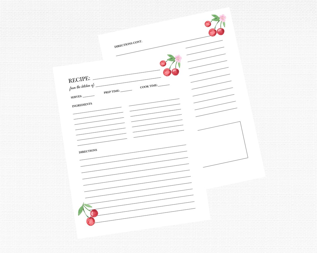 Recipe Binder Filler Paper, Cherry Recipe Binder Pages, Cherries Recipe ...