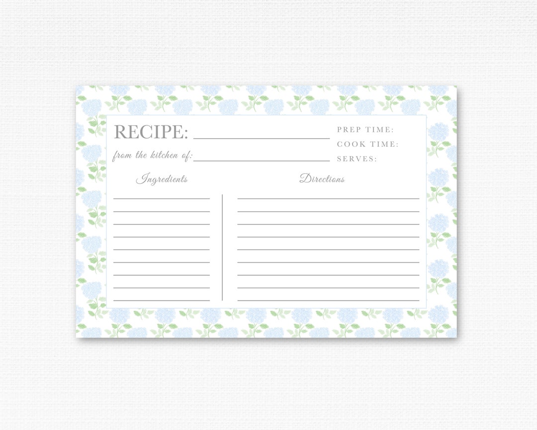 Blue Hydrangea Recipe Cards - Cute Floral Pattern is Perfect for Recipe ...