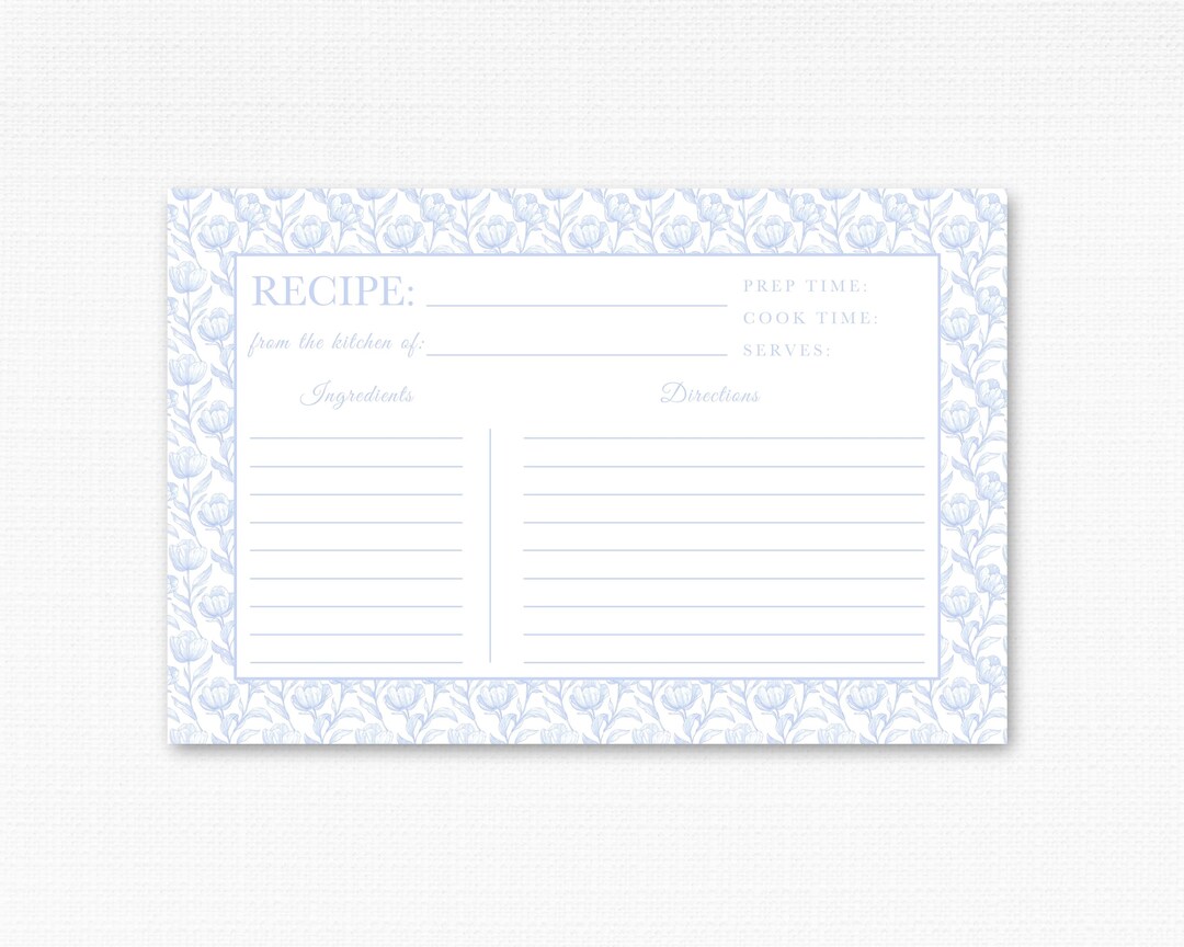 Tulip Recipe Cards - Blue & White Floral 4x6 Design for Recipe Boxes ...