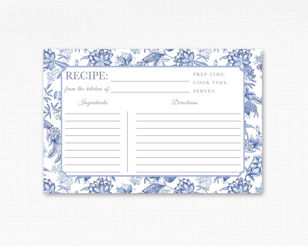 Blue & White Floral Recipe Cards - 4x6 Design for Recipe Boxes, Binders ...