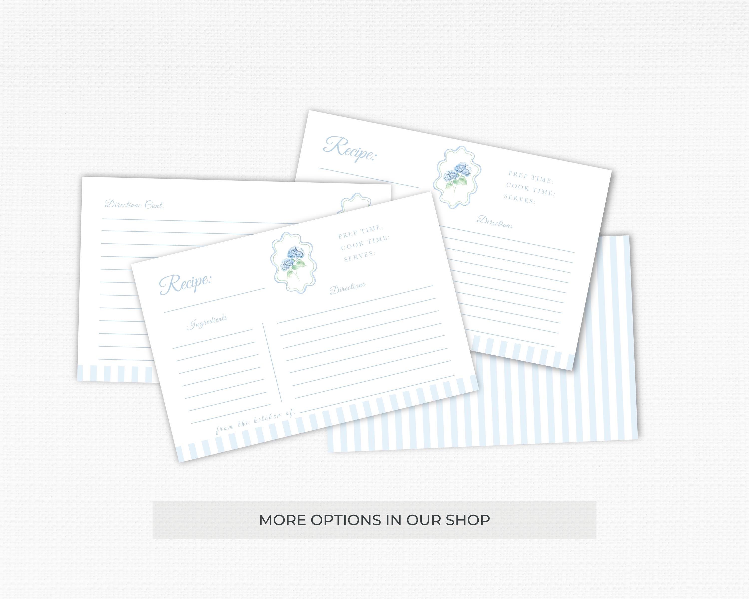 Blue Watercolor Hydrangea Recipe Cards - Ideal for Recipe Boxes ...