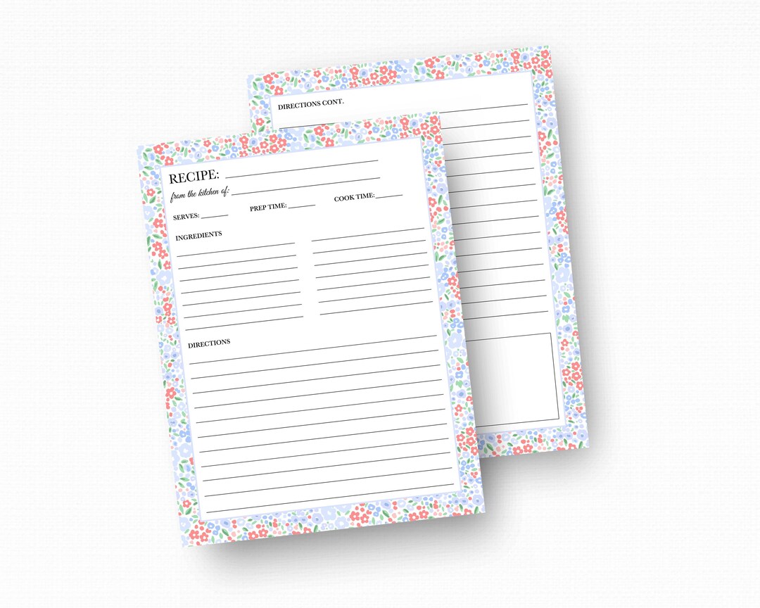 Floral Recipe Card Pages - Recipe Binder Paper is Great for Preserving ...
