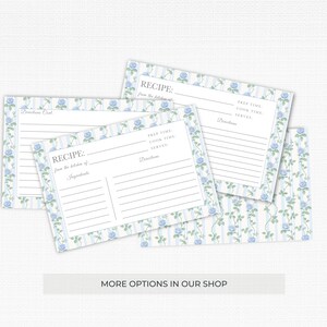 Blue Floral Recipe Cards - Watercolor Blue & White Flowers, Ideal for ...
