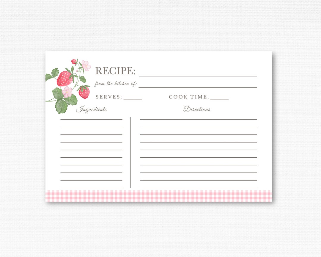 Strawberry Recipe Cards - Pink Gingham 4x6 Design for Recipe Boxes ...
