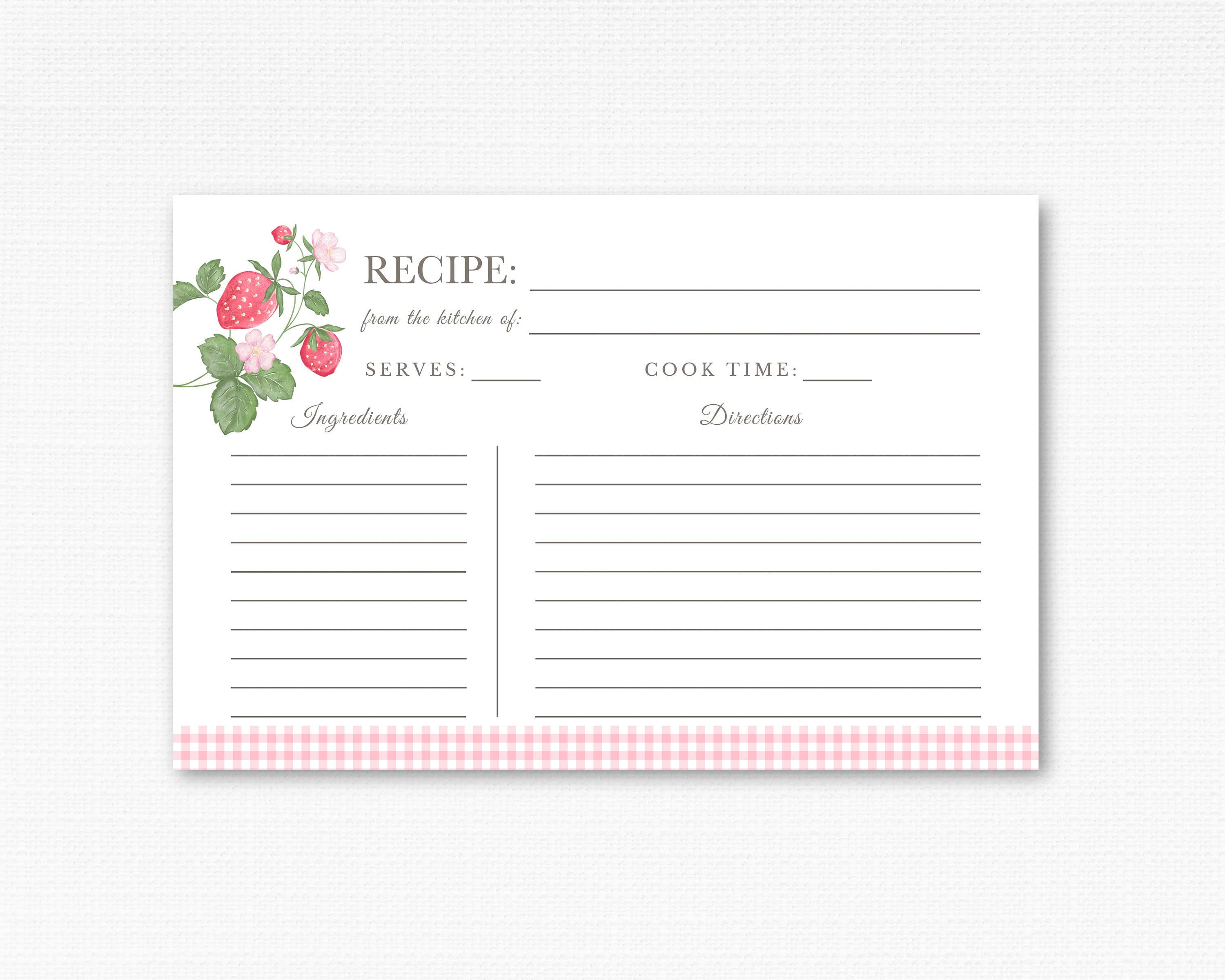 Strawberry Recipe Cards - Pink Gingham 4x6 Design for Recipe Boxes ...