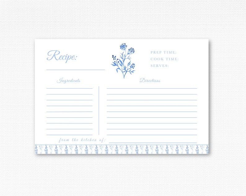 Blue & White Floral Recipe Cards - Ideal for Your Recipe Box, 3-ring ...