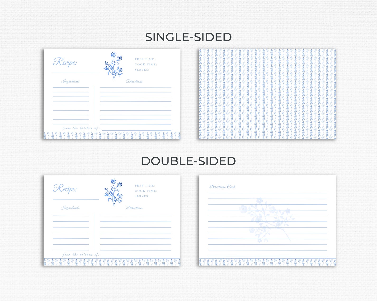 Blue & White Floral Recipe Cards - Ideal for Your Recipe Box, 3-ring ...