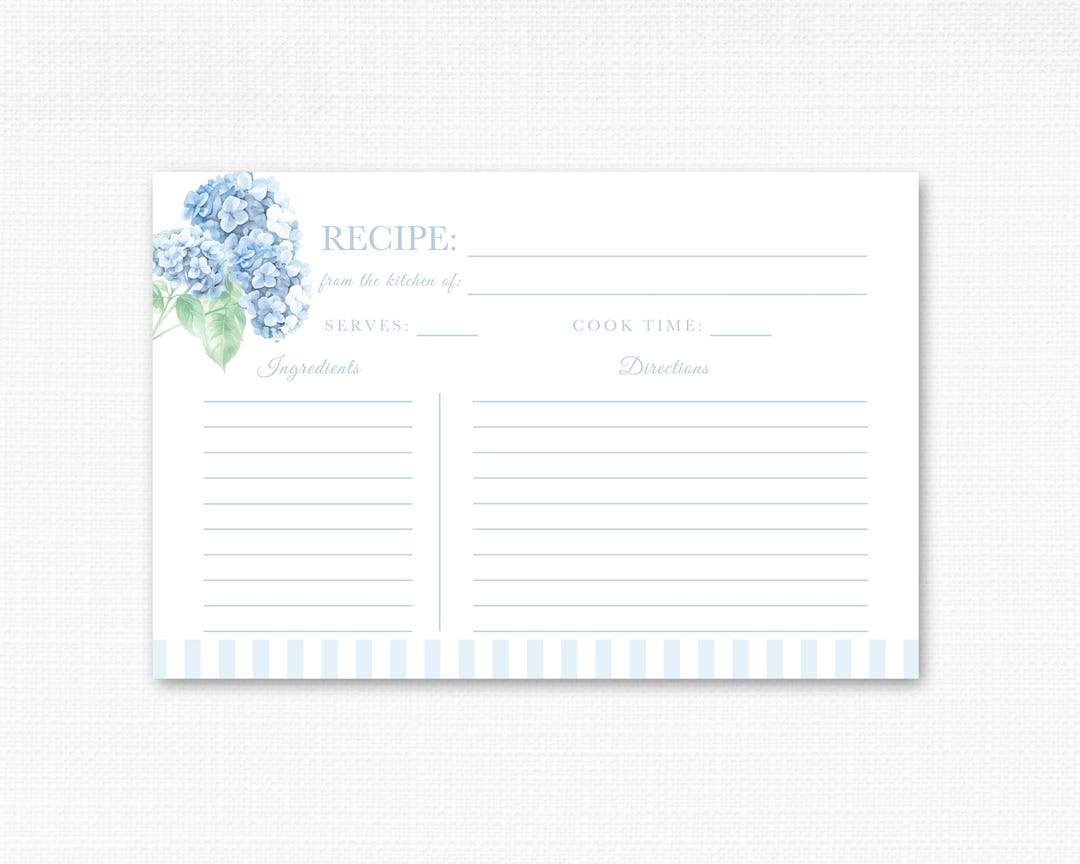 Blue Watercolor Hydrangea Recipe Cards - Ideal for Recipe Boxes ...