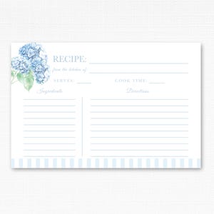 Blue Watercolor Hydrangea Recipe Cards - Ideal for Recipe Boxes ...