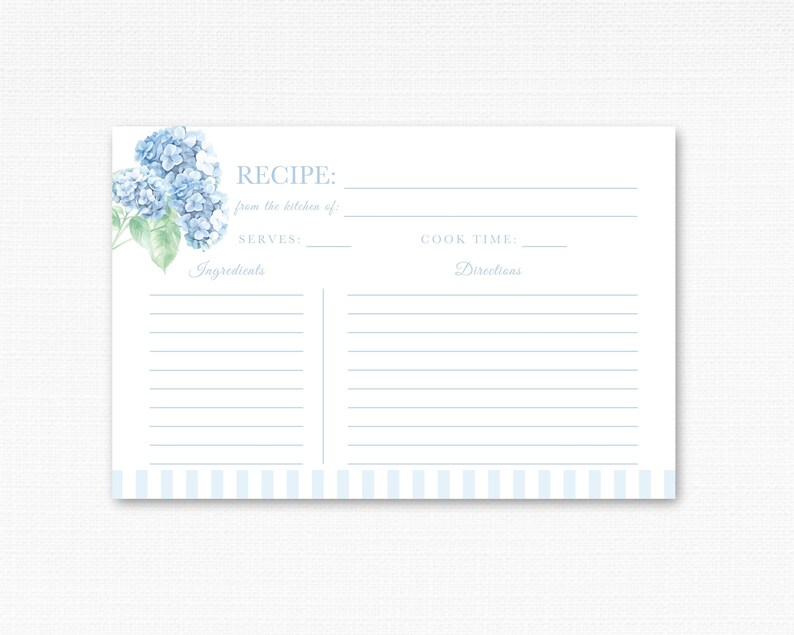 Blue Watercolor Hydrangea Recipe Cards - Ideal for Recipe Boxes ...