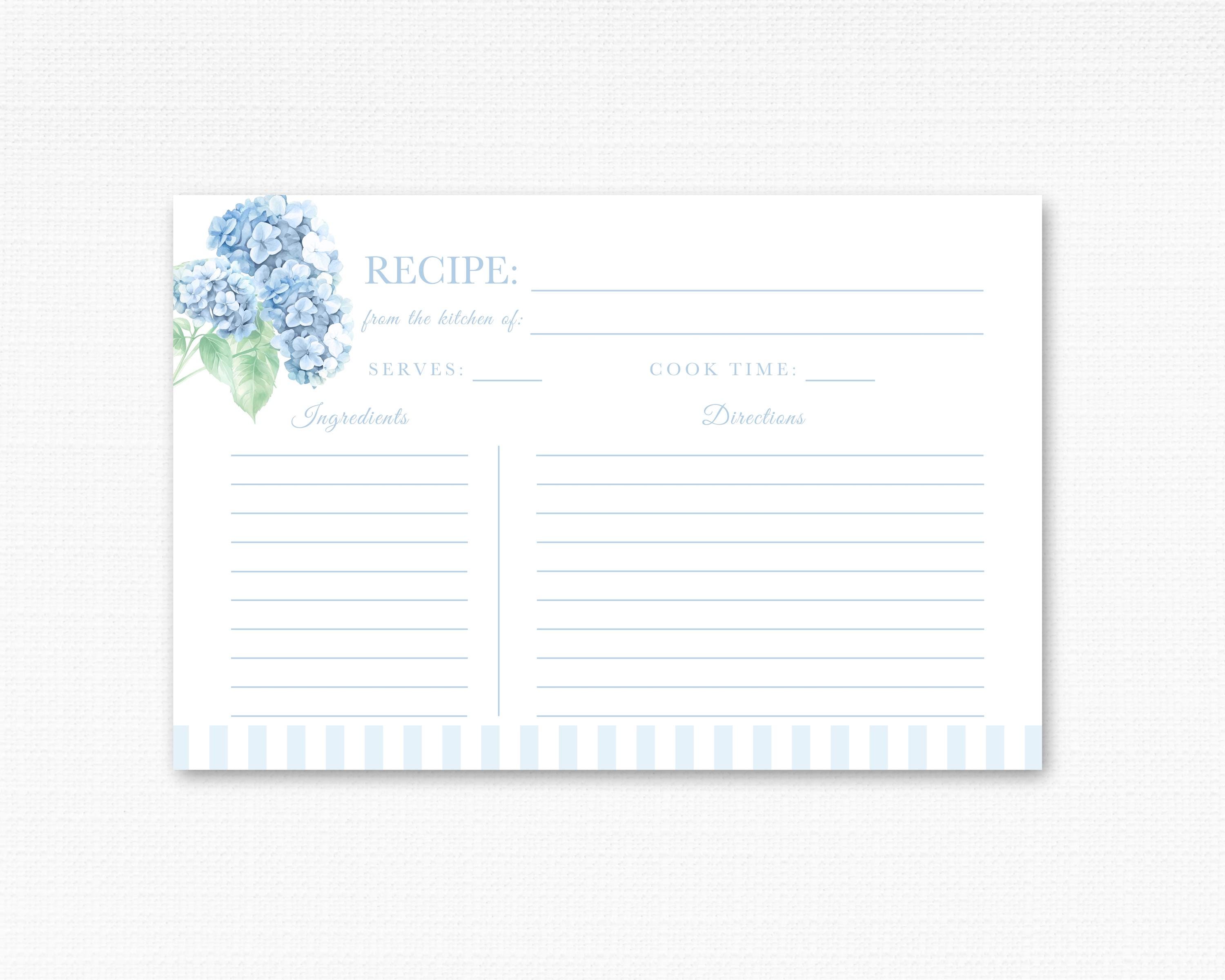 Blue Watercolor Hydrangea Recipe Cards - Ideal for Recipe Boxes ...