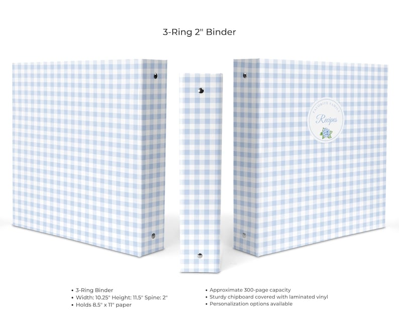 Blue Gingham & Hydrangea Recipe Binder, 3 Ring Notebook is Ideal ...