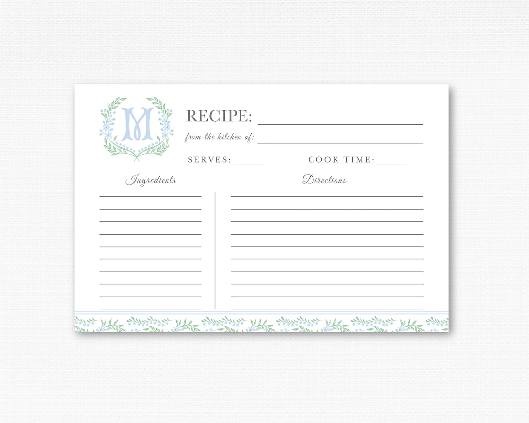 Personalized Chinoiserie Recipe Cards, Block Print Floral Design Ideal ...