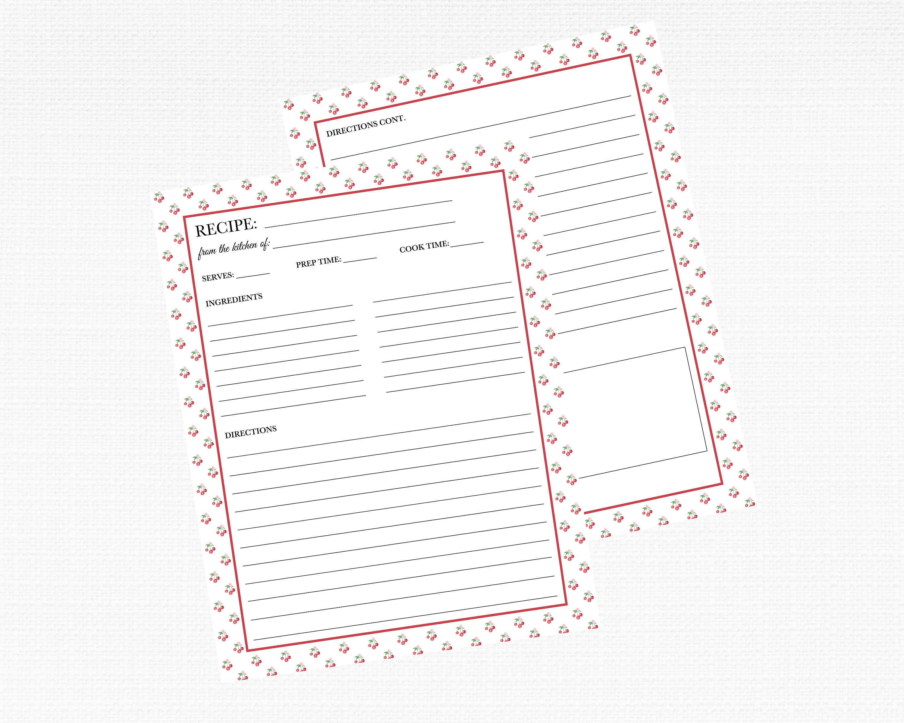 Recipe Binder Filler Paper, Cherry Recipe Binder Pages, Cherries Recipe ...