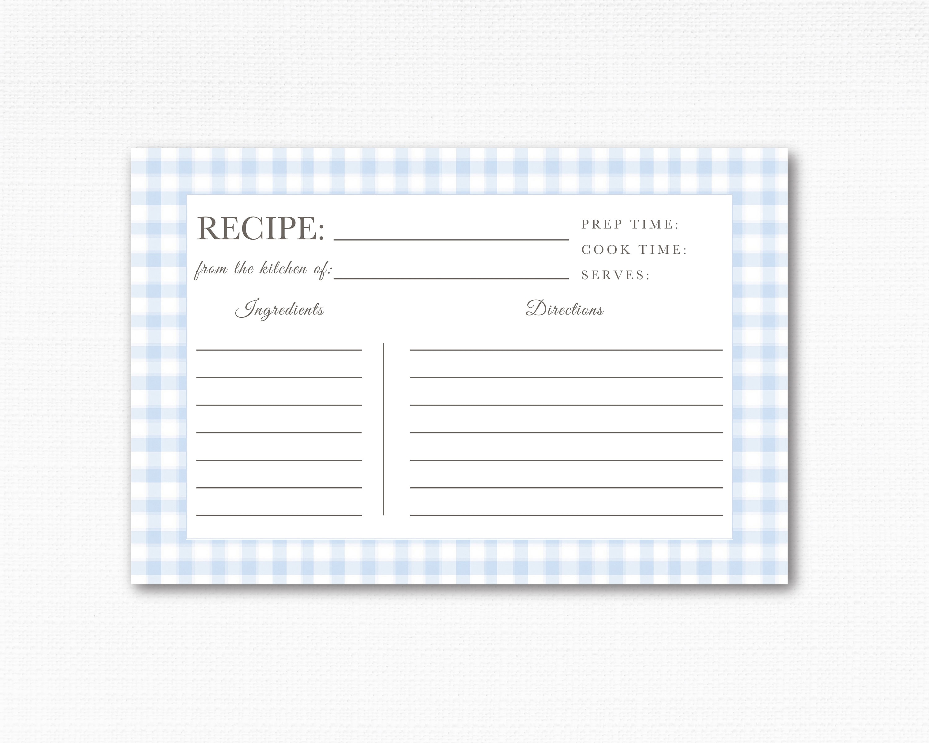 Blue & White Gingham Recipe Cards, Ideal for Handwritten Recipes and ...