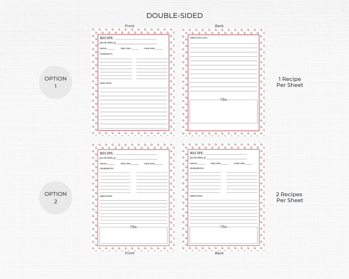 Recipe Binder Filler Paper, Cherry Recipe Binder Pages, Cherries Recipe ...