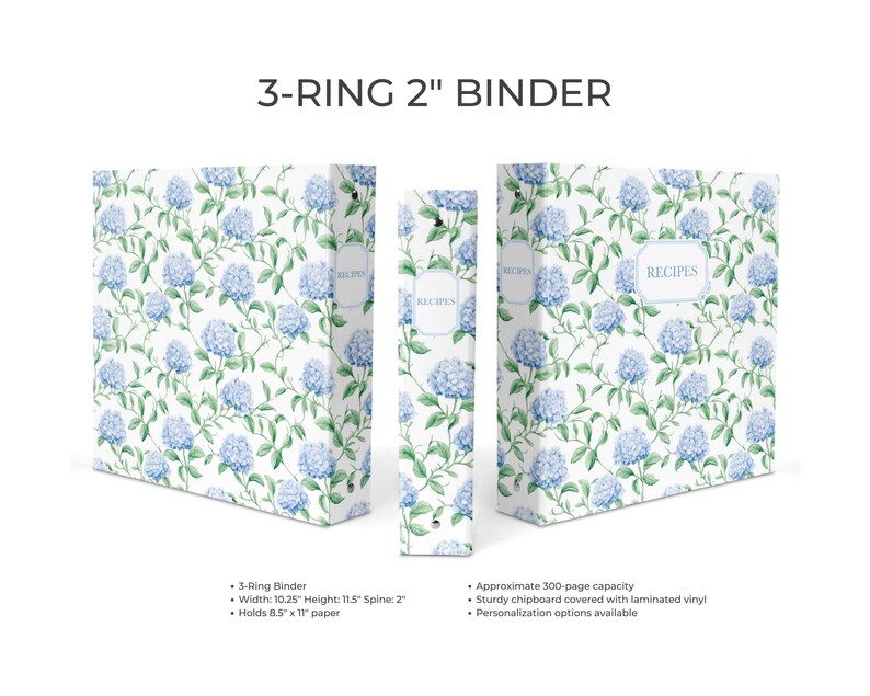 Personalized Blue Hydrangea Recipe Binder - Floral 3 Ring Notebook is ...