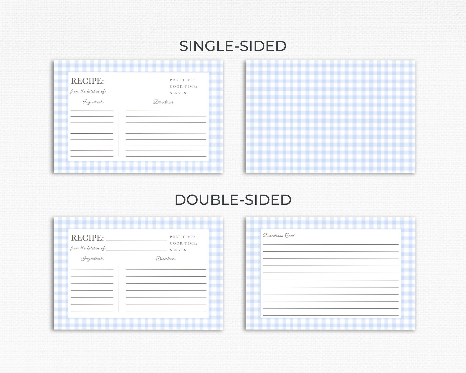 Blue & White Gingham Recipe Cards, Ideal for Handwritten Recipes and ...