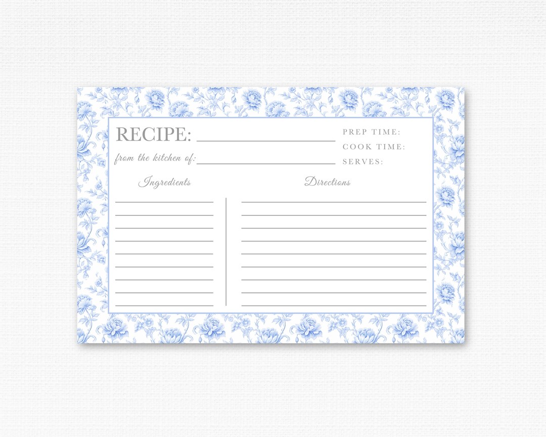 Blue Floral Recipe Cards - Watercolor Blue & White Flowers, Ideal for ...