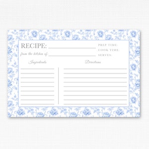 Blue Floral Recipe Cards - Watercolor Blue & White Flowers, Ideal for ...