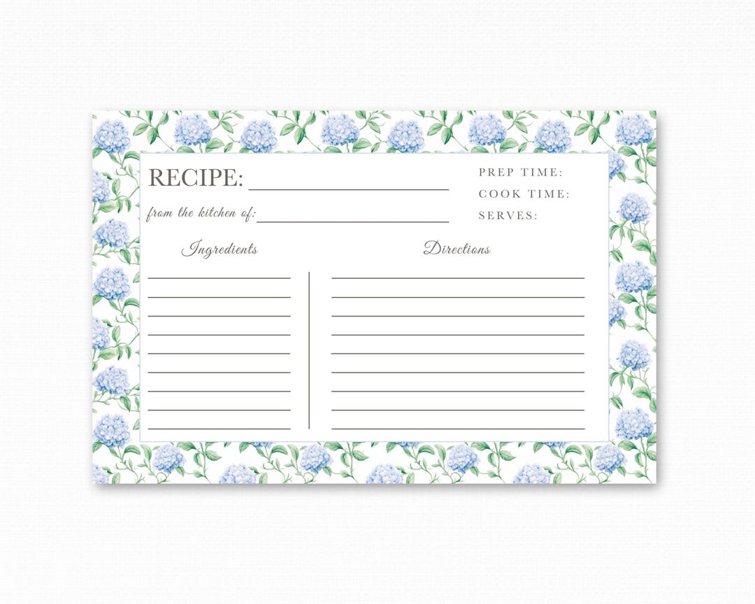Blue Hydrangea Recipe Cards - Floral Kitchen Stationery for a Bridal ...