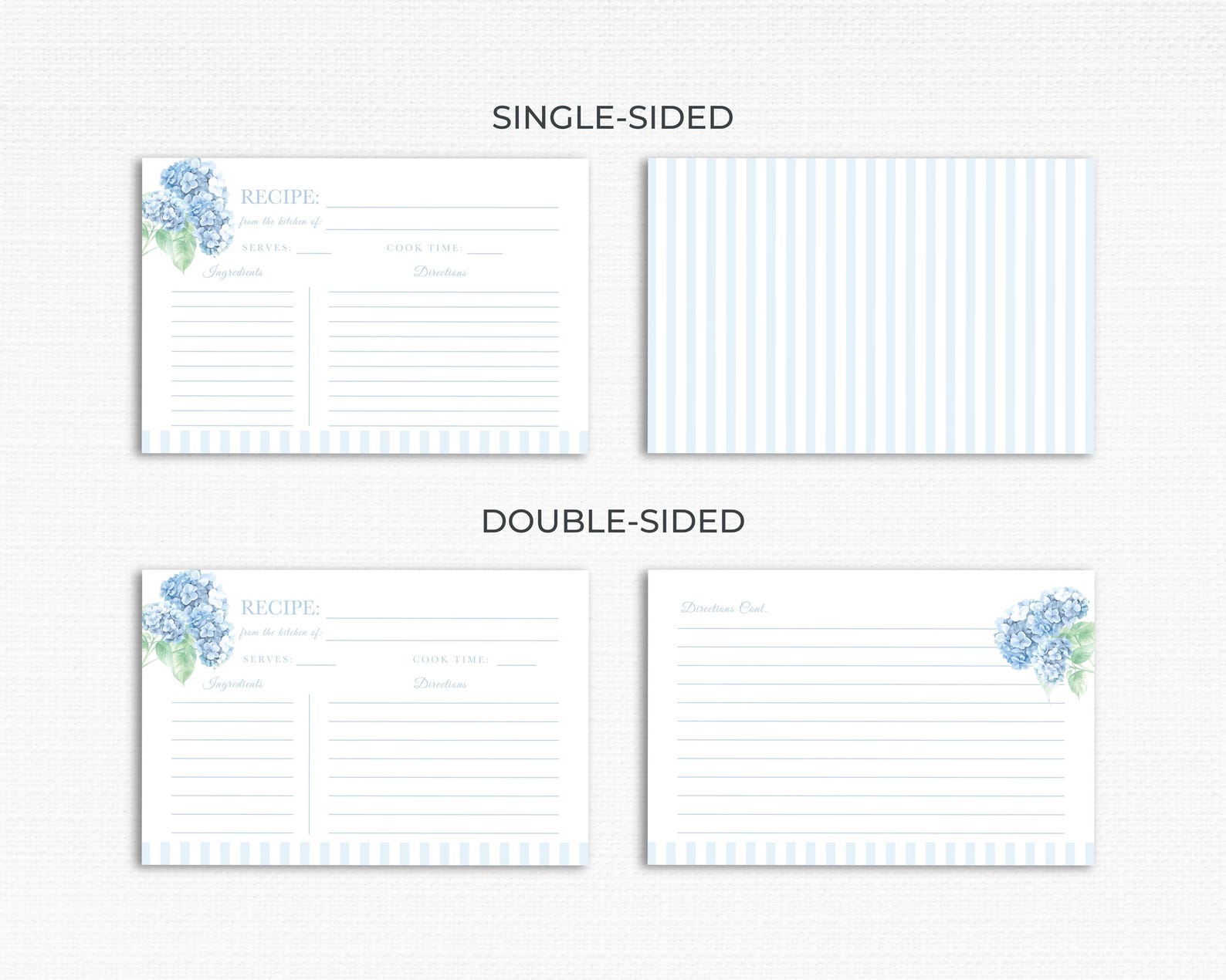 Blue Watercolor Hydrangea Recipe Cards - Ideal for Recipe Boxes ...