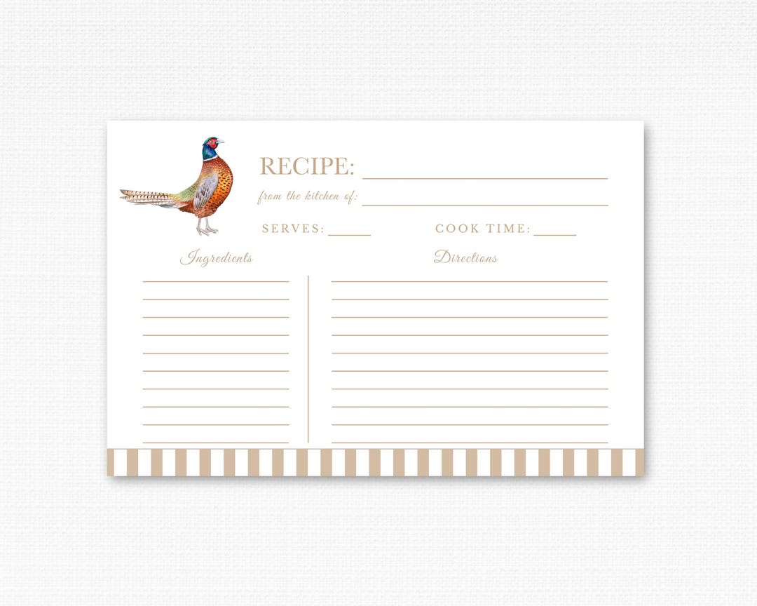 Pheasant Recipe Cards - Wild Game Bird Cards for Your Recipe Box, 3 ...