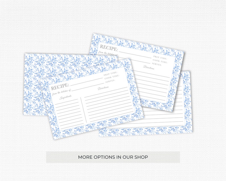 Blue & White Floral Recipe Cards - Ideal for Your Recipe Box, 3-ring ...