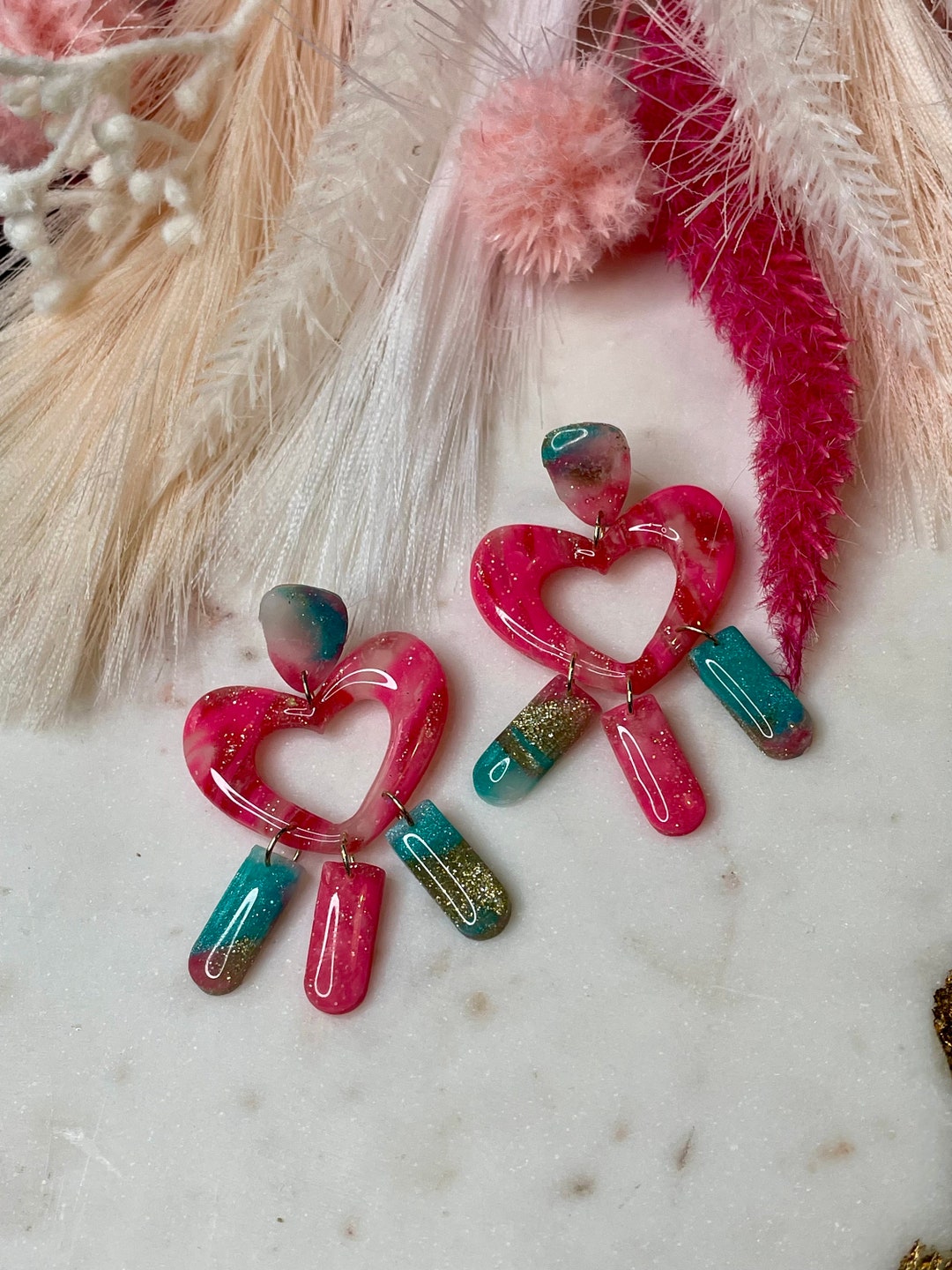 Heartstrings Marbled Earrings; Clay Heart Dangle Earrings - Etsy