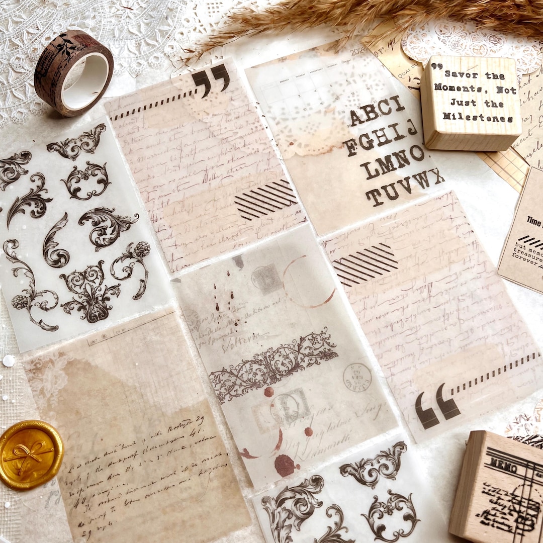 Vellum Paper Set of 8 Printed Designs Grungy Scrapbook Supplies Junk ...