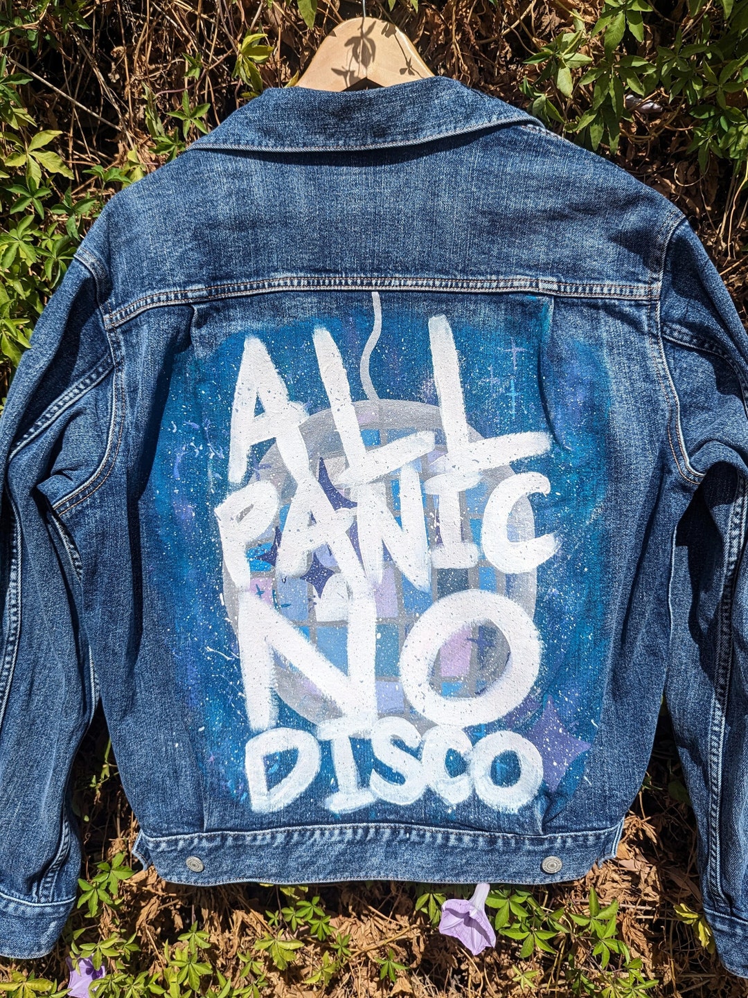 Hand Painted Denim Jacket Custom Text All Panic No Disco Mirrorball ...