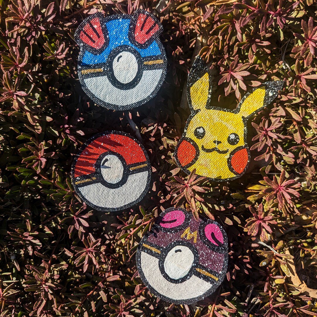 4 Pack Patches Pikachu Pokemon Pokeballs Hand Painted Iron on & Sew On ...